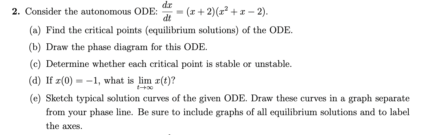 Solved 2. Consider the autonomous ODE: dtdx=(x+2)(x2+x−2). | Chegg.com