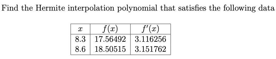 Solved Find the Hermite interpolation polynomial that | Chegg.com