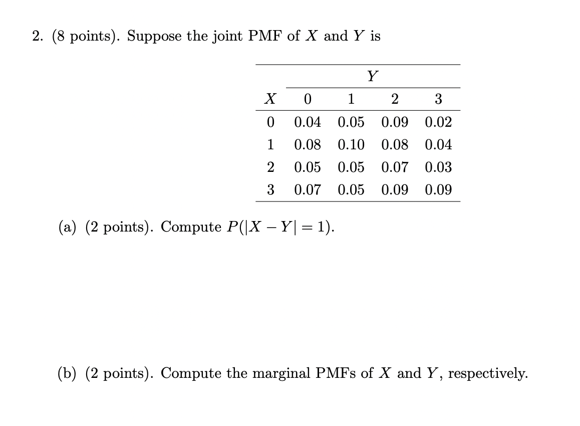 Solved 2. (8 points). Suppose the joint PMF of X and Y is Y | Chegg.com
