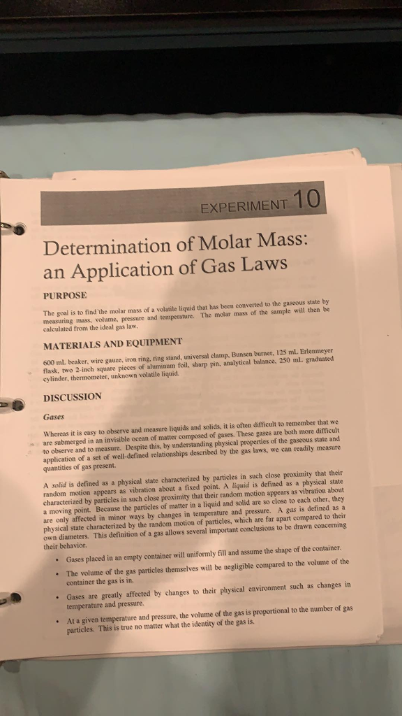 EXPERIMENT 10 Determination of Molar Mass: an | Chegg.com