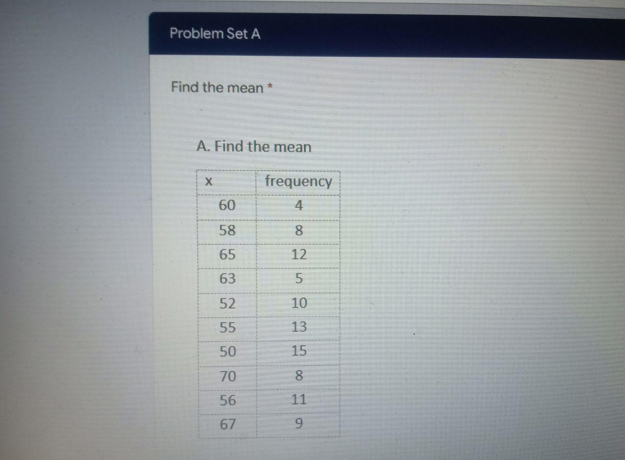 Solved Problem Set A Find the mean A. Find the mean X 60 58 | Chegg.com