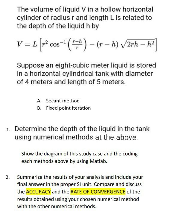 Solved The volume of liquid V in a hollow horizontal | Chegg.com