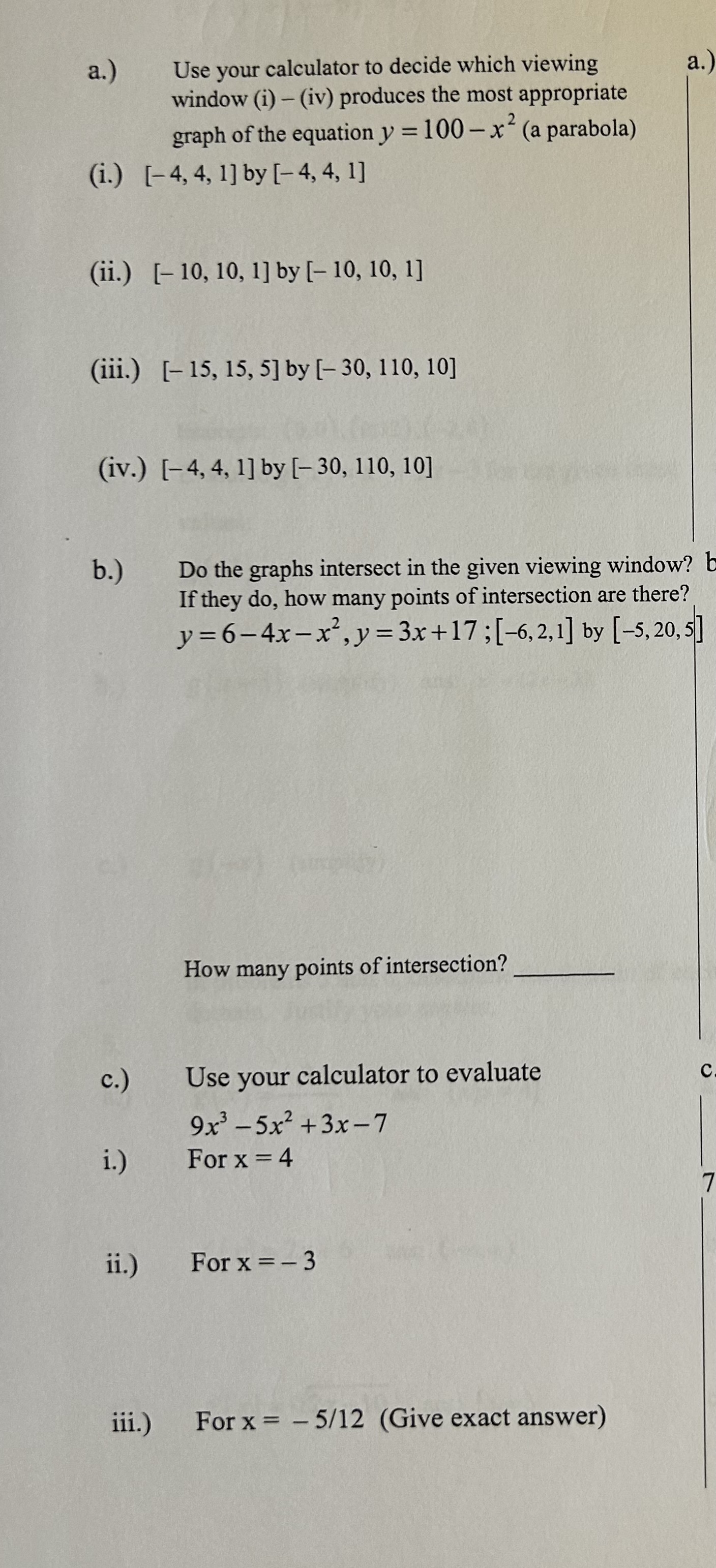 a.) Use your calculator to decide which viewing a.) | Chegg.com