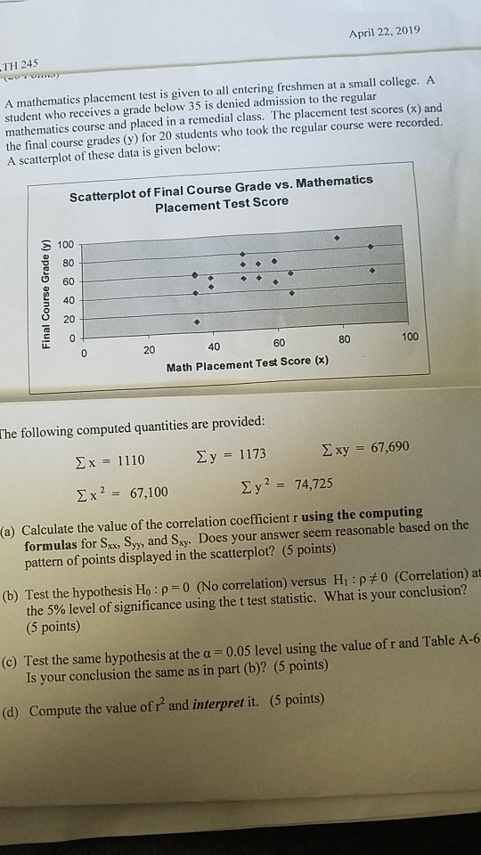 Solved April 22, 2019 TH 245 A mathematics placement test is | Chegg.com