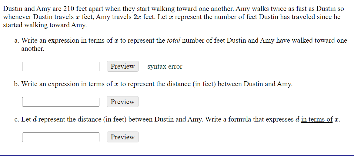 Solved Dustin and Amy are 210 feet apart when they start | Chegg.com