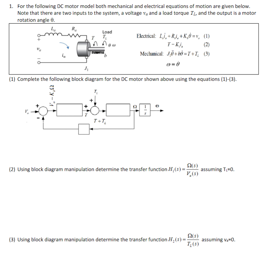 Solved 1. For the following DC motor model both mechanical | Chegg.com