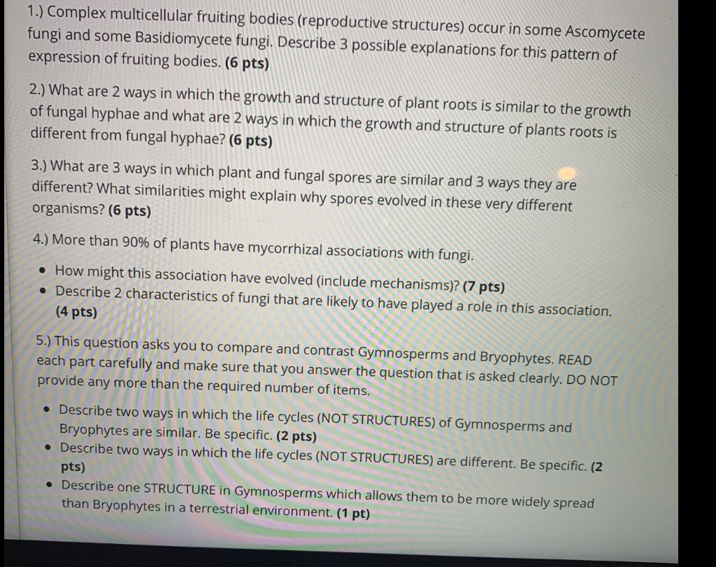 Solved 1.) Complex multicellular fruiting bodies | Chegg.com