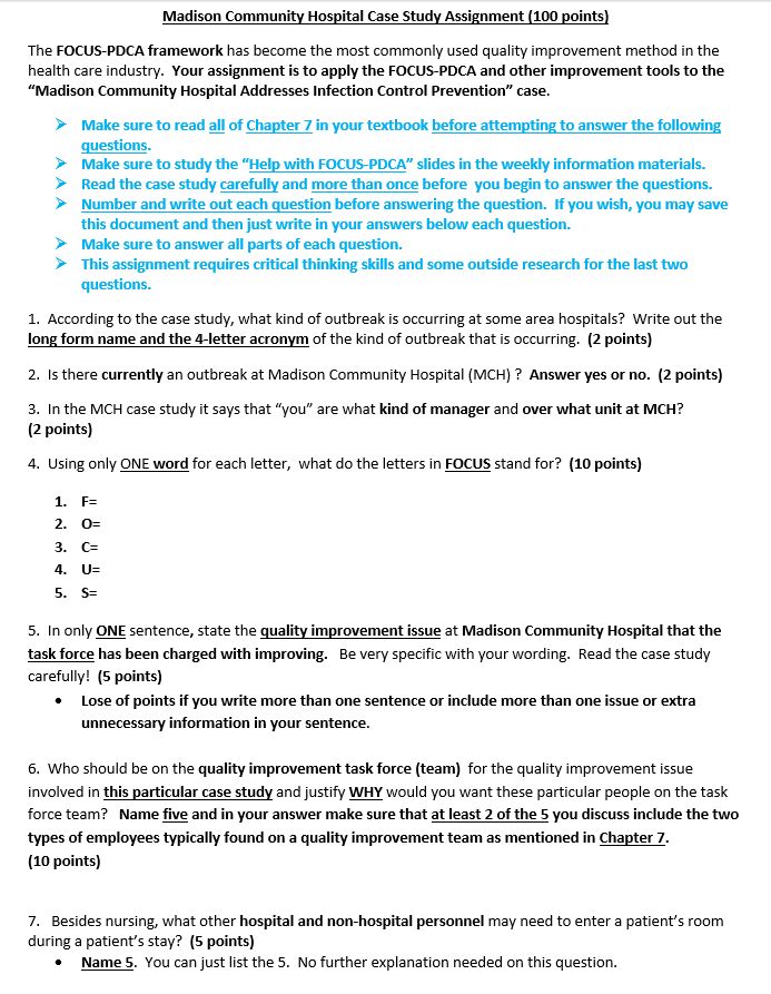 Madison Community Hospital Case Study Assignment (100 | Chegg.com