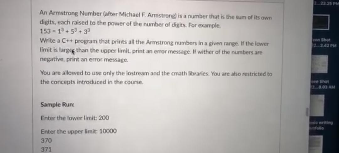 Solved 223.25 PM An Armstrong Number (after Michael E. | Chegg.com