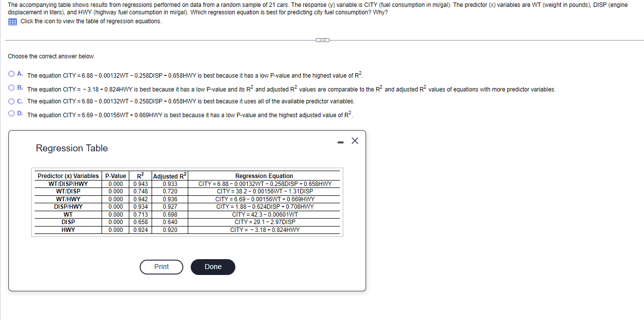 Solved displacement in liters), and HWY (highway fuel | Chegg.com