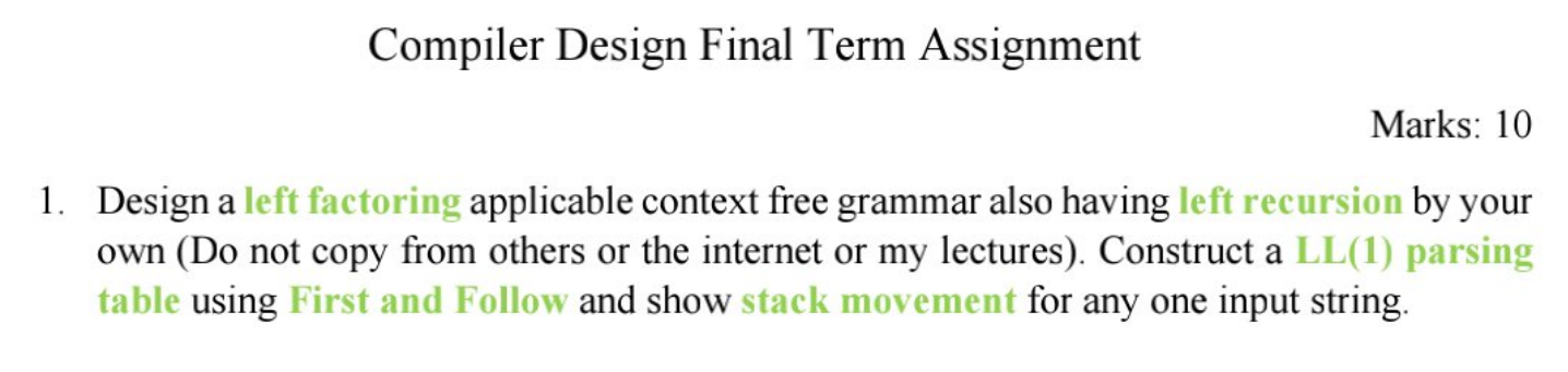 Solved Compiler Design Final Term Assignment Marks: 10 1. | Chegg.com