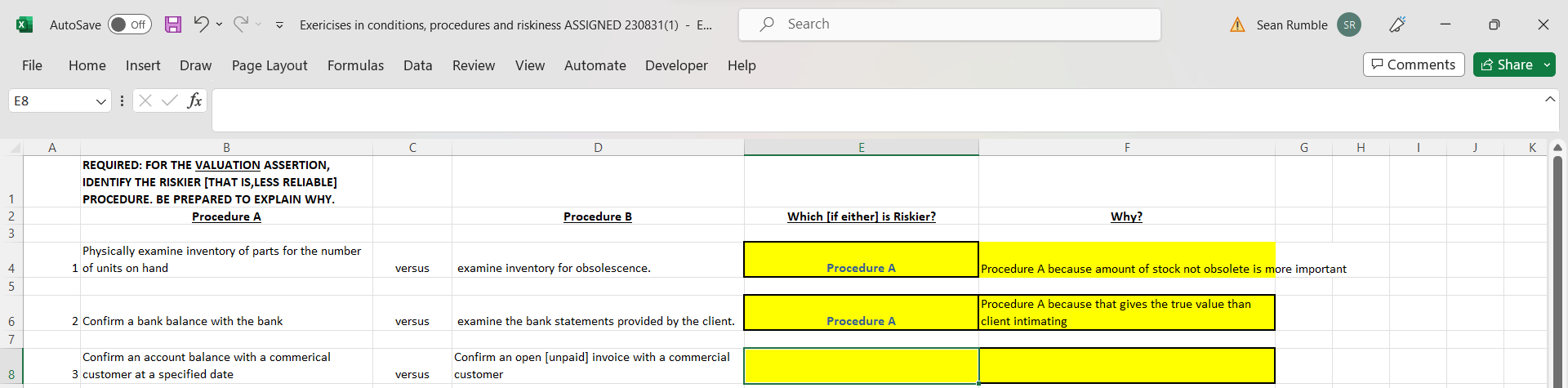 Solved AutoSave Search \Sean Rumble File Home Insert Draw | Chegg.com