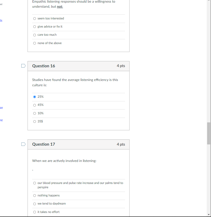 Solved ast Empathic listening responses should be a | Chegg.com