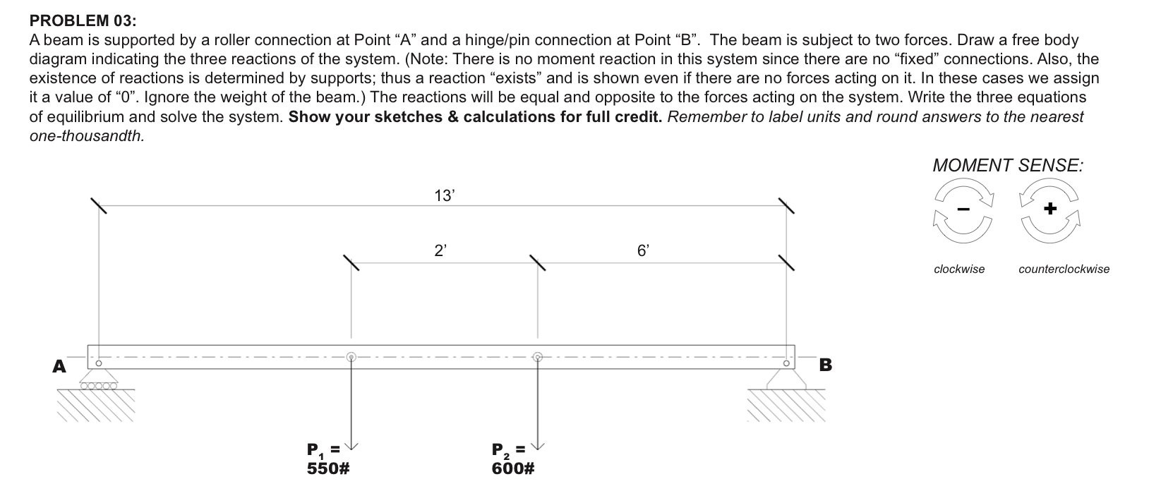 Solved PROBLEM 03: A beam is supported by a roller | Chegg.com