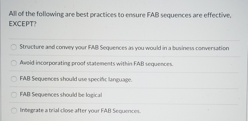 Solved All of the following are best practices to ensure FAB | Chegg.com