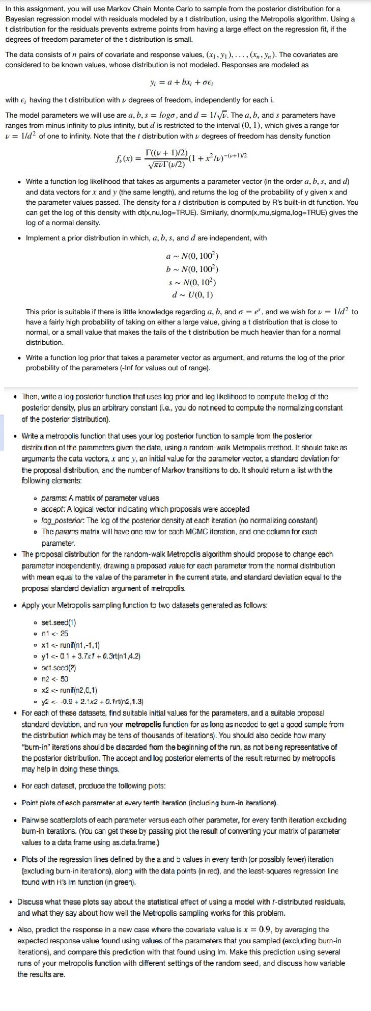 In this assignment, you will use Markov Chain Monte | Chegg.com