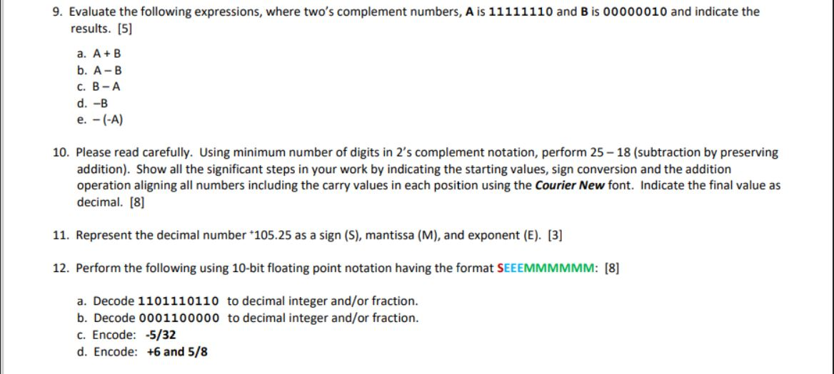 Solved 9. Evaluate the following expressions, where two's | Chegg.com