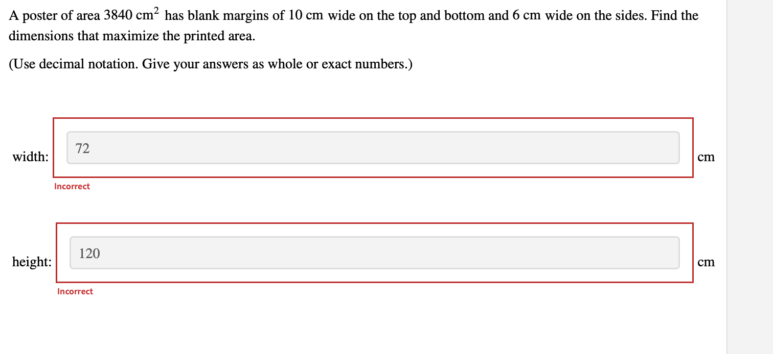 Solved A poster of area 3840 cm2 has blank margins of 10 cm | Chegg.com