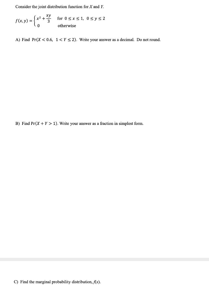 Solved Consider the joint distribution function for X and Y. | Chegg.com