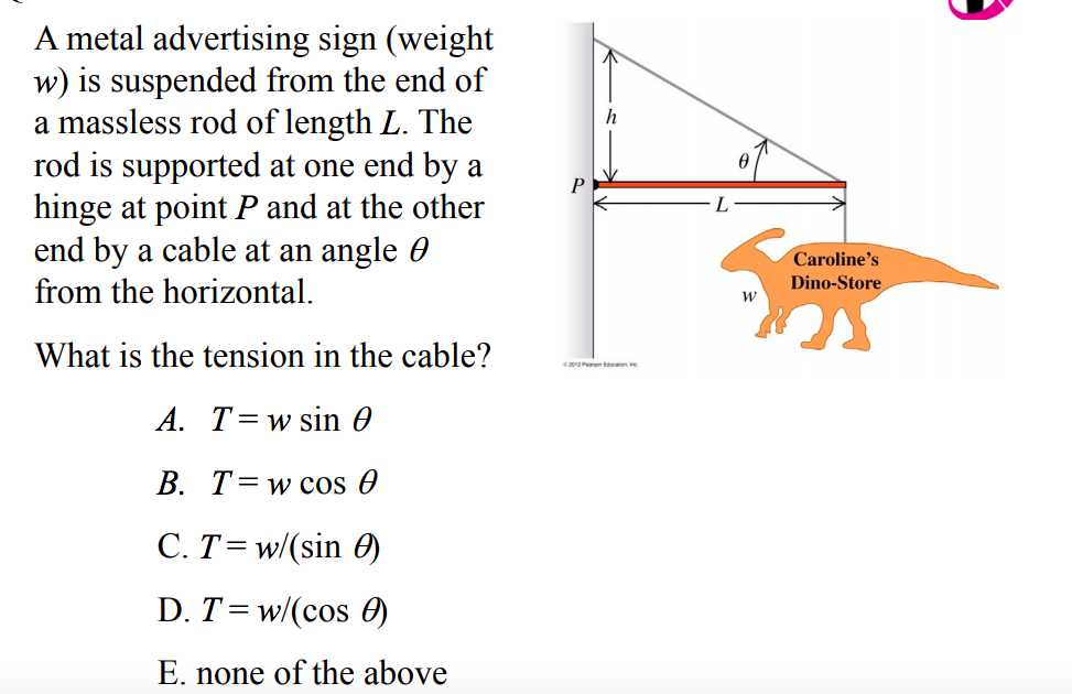 Solved A metal advertising sign (weight w) is suspended from | Chegg.com