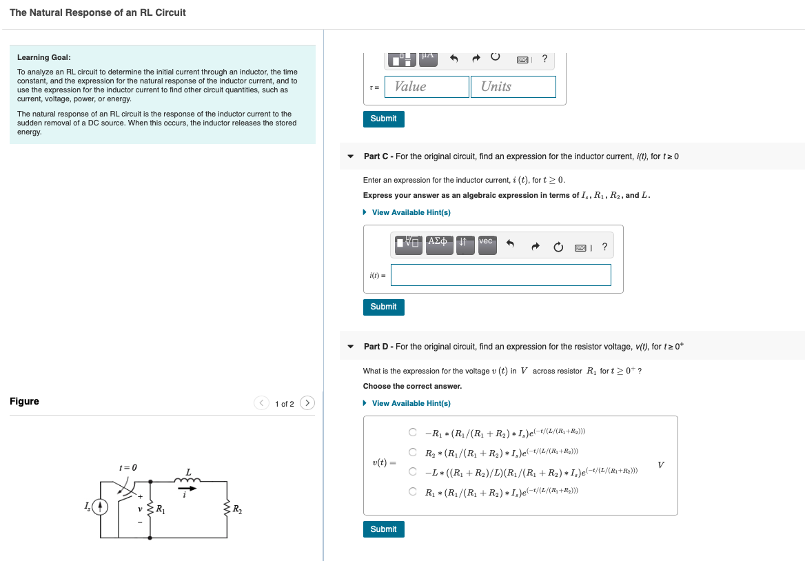 Solved The Natural Response of an RL Circuit ? Value Units | Chegg.com