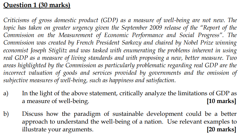 Solved Question 1 ( 30 ﻿marks)Criticisms of gross domestic | Chegg.com