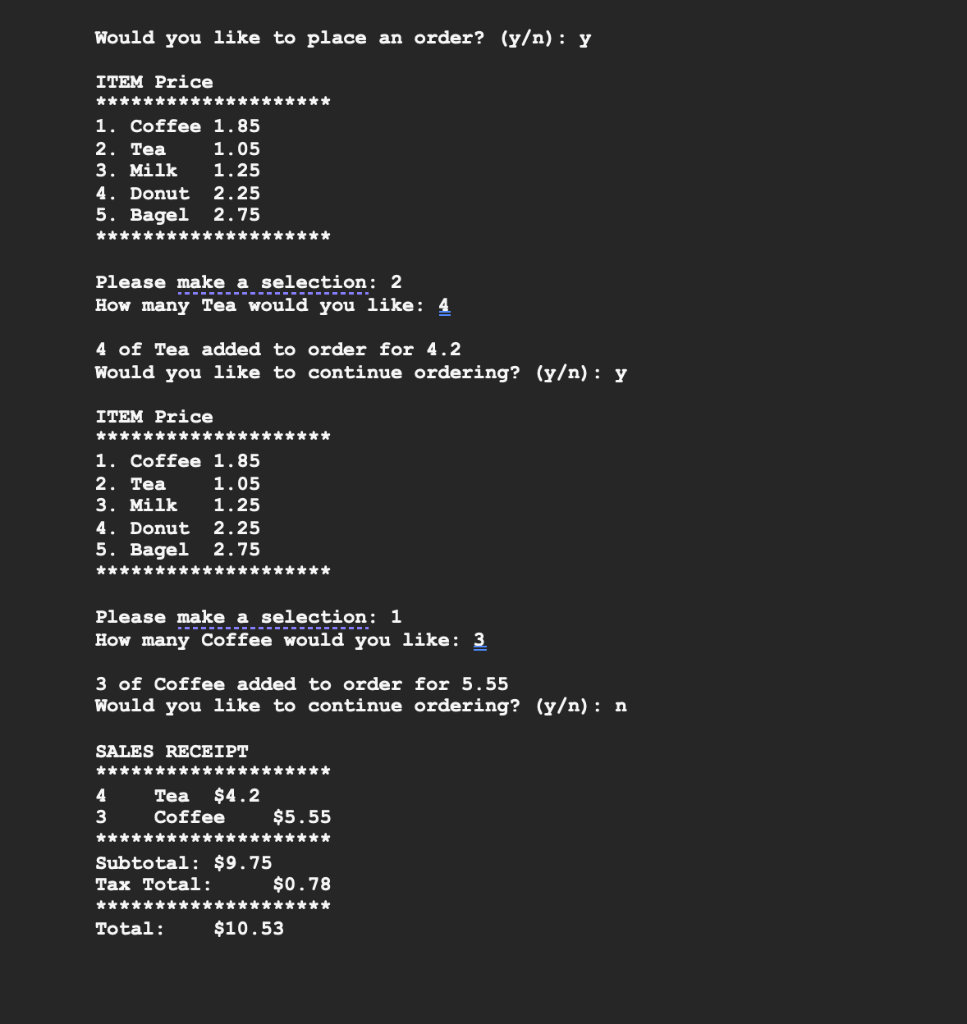 Solved qbc_menu_prices.txt Coffee 1.85 Tea 1.05 Milk 1.25 | Chegg.com