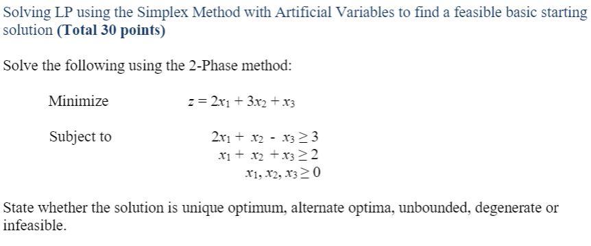 Solved Solving LP using the Simplex Method with Artificial | Chegg.com