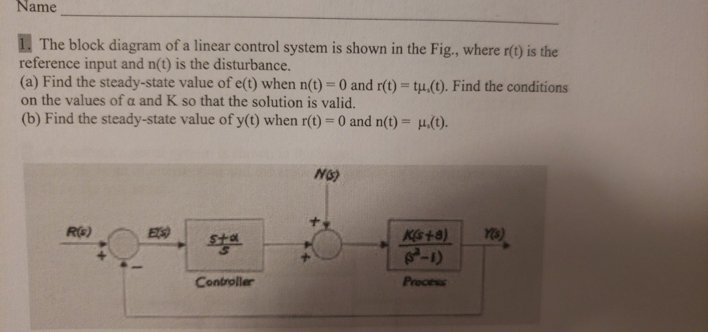 Solved Name 1. The block diagram of a linear control system | Chegg.com