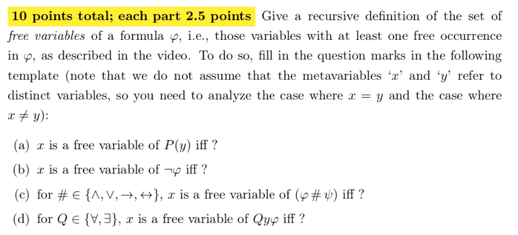 Give a recursive definition of the set of free | Chegg.com