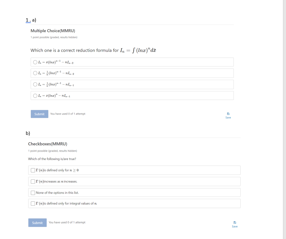 Solved 1.a) Multiple Choice(MMRU) 1 point possible (graded, | Chegg.com