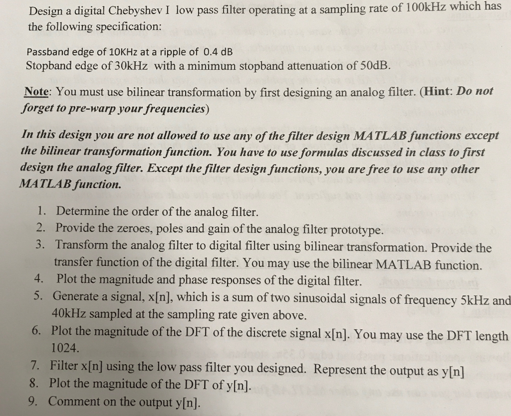 Design a digital Chebyshev I low pass filter | Chegg.com