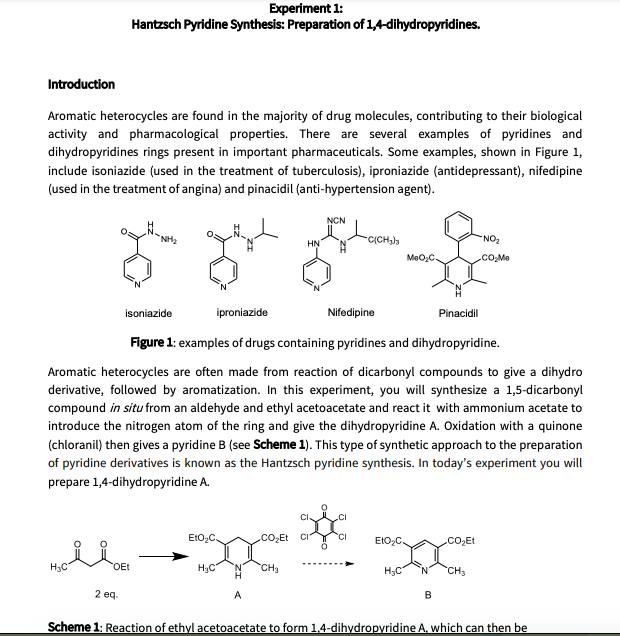 Solved Experiment 1: Hantzsch Pyridine Synthesis: | Chegg.com