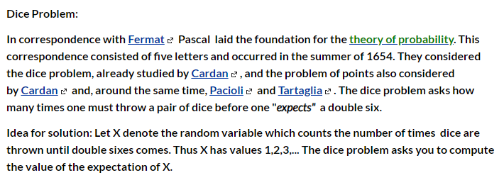 Solved Dice Problem: In correspondence with Fermat e Pascal | Chegg.com