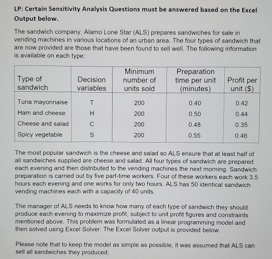 Solved LP: Certain Sensitivity Analysis Questions must be | Chegg.com