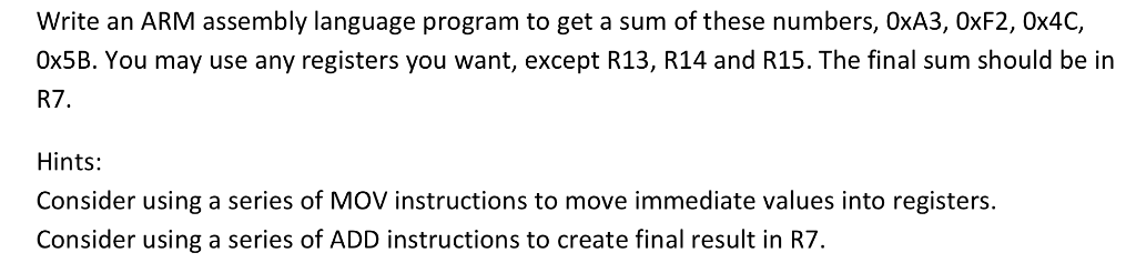 Write an ARM assembly language program to get a sum | Chegg.com