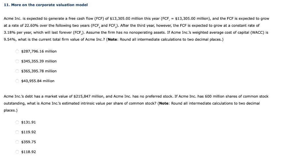 Solved Acme Inc. is expected to generate a free cash flow | Chegg.com