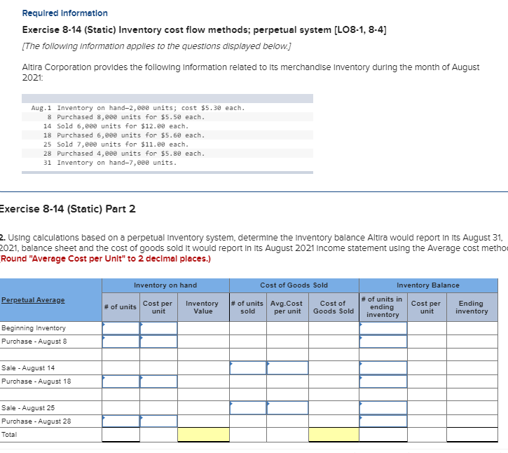 Solved Required Information Exercise 8-14 (Static) Inventory | Chegg.com