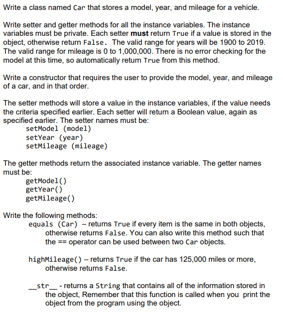 Solved Write A Class Named Car That Stores A Model Year 