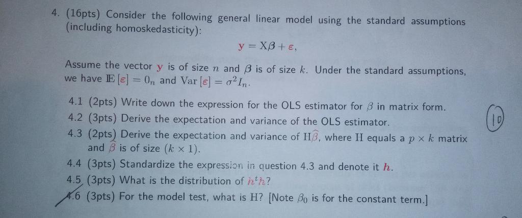 Solved (16pts) Consider the following general linear model | Chegg.com