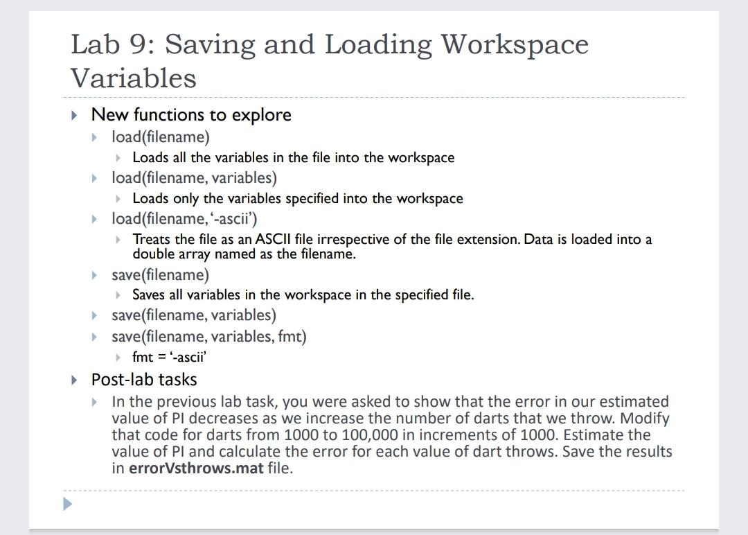 Lab 9: Saving and Loading Workspace Variables New | Chegg.com