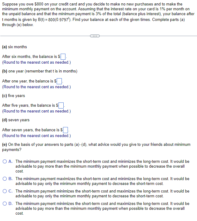 Solved Suppose you owe $800 on your credit card and you | Chegg.com