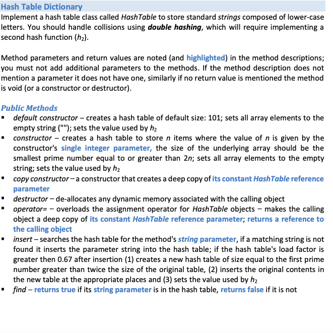 Hash Table Dictionary Implement a hash table class | Chegg.com