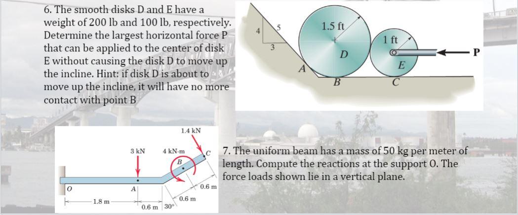 Solved 1.5 ft 1 ft 6. The smooth disks D and E have a weight | Chegg.com