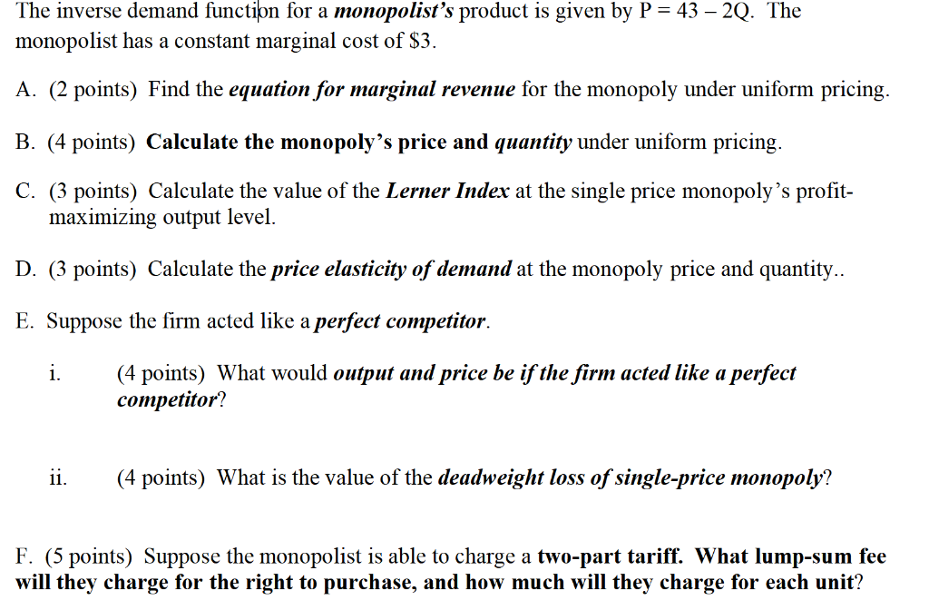 Solved The inverse demand function for a monopolist's | Chegg.com