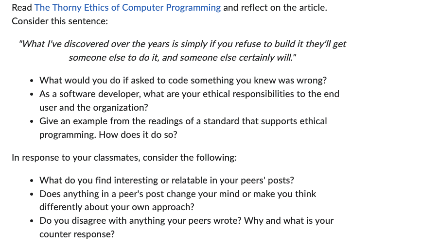 Solved Read The Thorny Ethics of Computer Programming and | Chegg.com