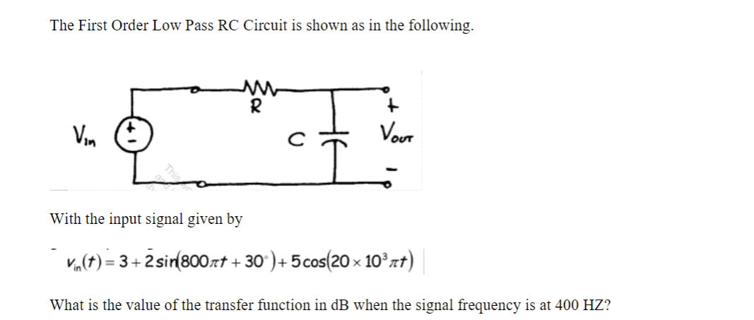 Solved The First Order Low Pass RC Circuit is shown as in | Chegg.com