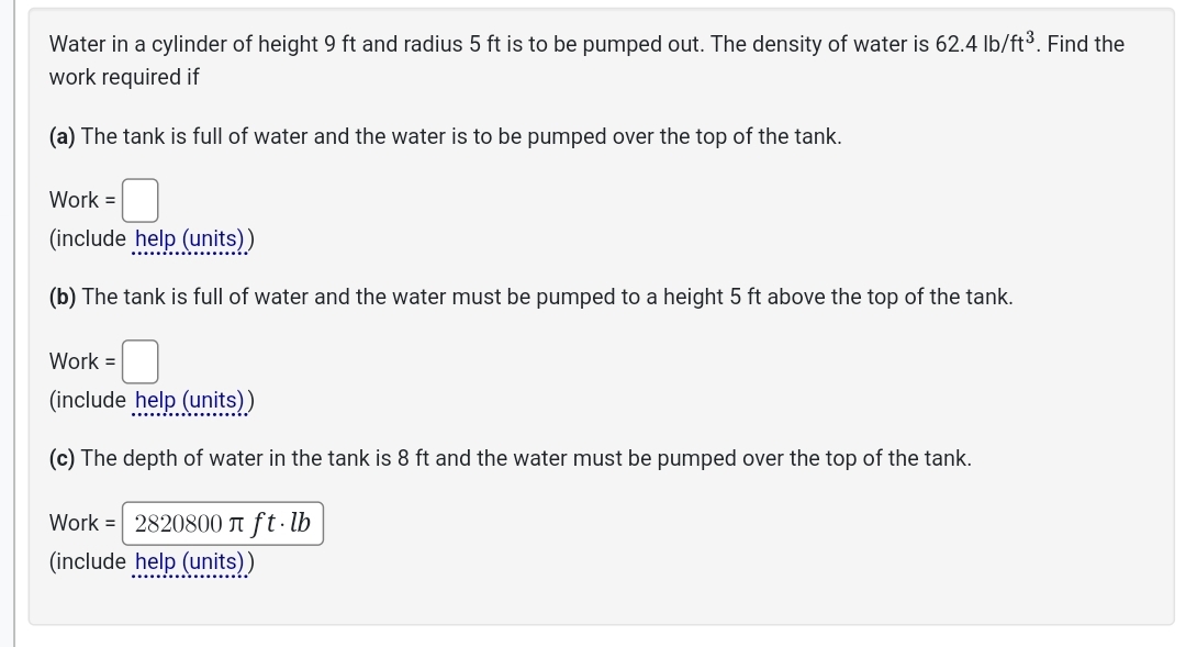 Solved Water in a cylinder of height 9ft and radius 5ft is | Chegg.com