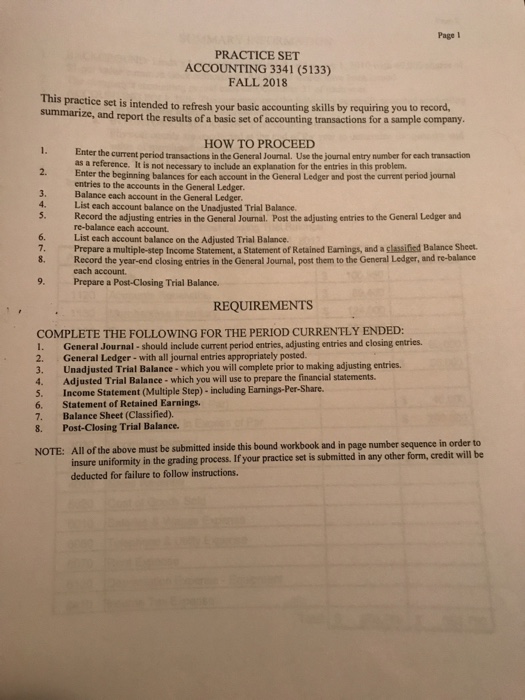 Solved Page I PRACTICE SET ACCOUNTING 3341 (5133) FALL 2018 | Chegg.com