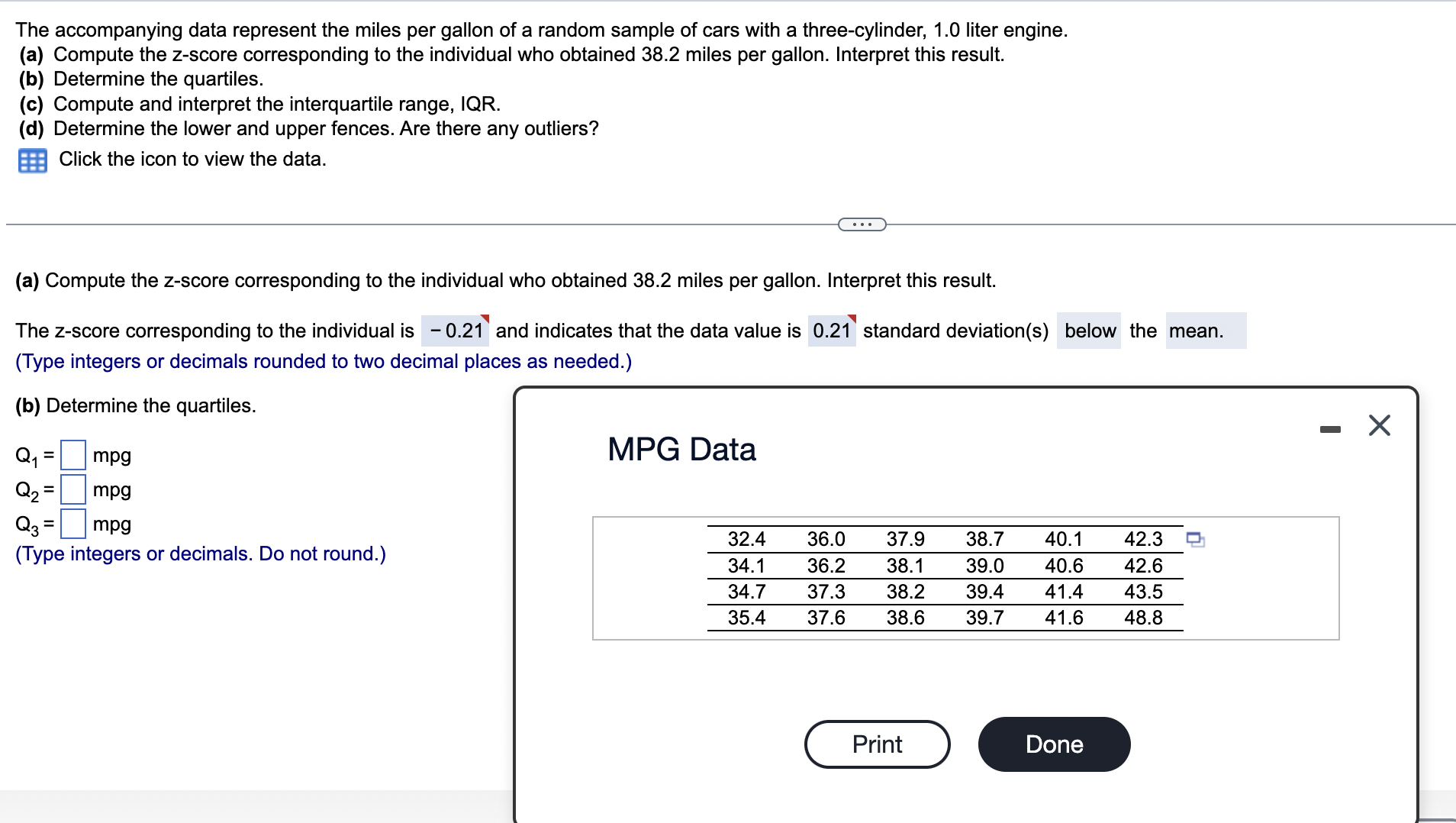Solved The accompanying data represent the miles per gallon | Chegg.com
